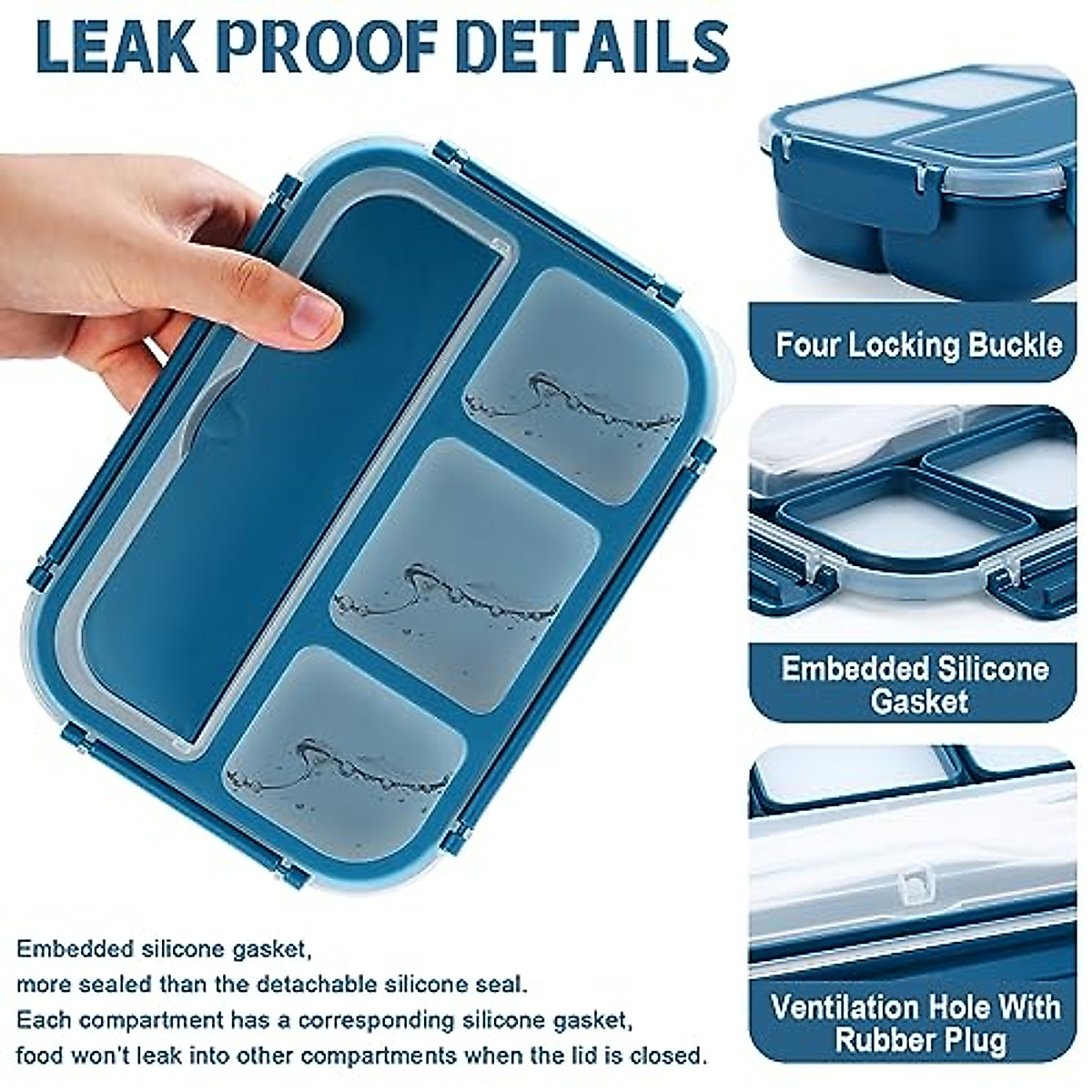 Bento Box Adult Lunch Box, Lunch Containers for Kids Girls Boys with 4 Compartments, Lunchable Food Container with Utensils, Sauce Jar, Muffin Liners, 40 Oz/5 Cup, Microwave & Dishwasher Safe, Blue