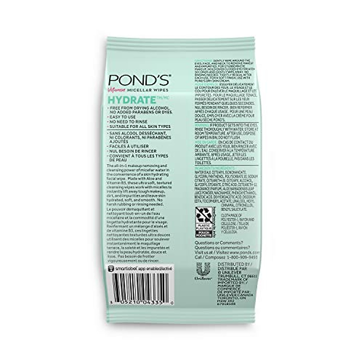 POND'S Vitamin Micellar Makeup Remover Wipes for Dry Skin, Skin Care Hydrating Aloe Vera Daily Face Wipes Remove Dirt, Waterproof Makeup, 25 Count, 4 Pack