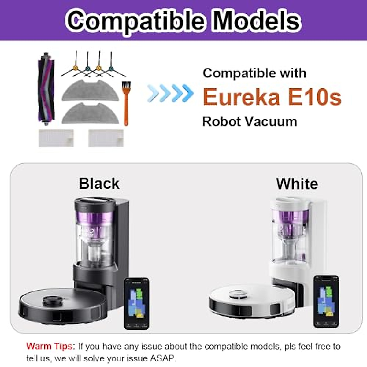 E10s Replacement Parts Accessories Compatible with Eureka E10s Robot Vacuum Cleaner, Including 1 Main Brush, 2 Hepa Filters, 2 Mop Pads, 2 Edge-Sweeping Brushes (11Pc)