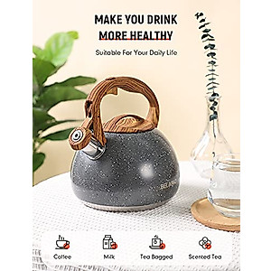 Tea Kettle, 2.7 Quart BELANKO Teapot for Stovetops Wood Pattern Handle with Loud Whistle Food Grade Stainless Steel Tea Pot Water Kettle - Gray