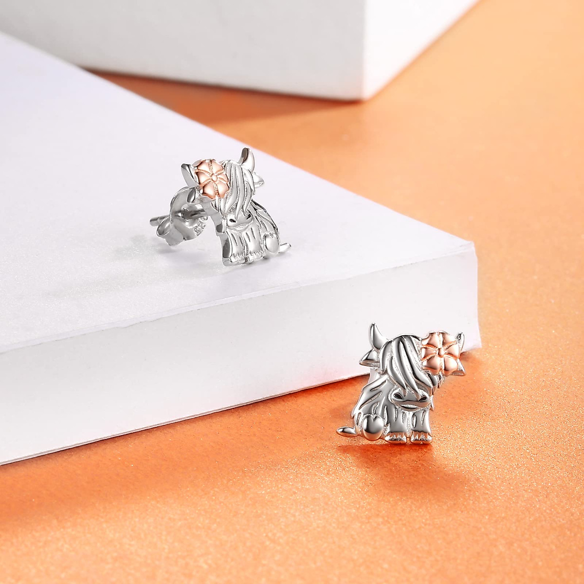 925 Sterling Silver Highland Cow Earrings Stud Necklace Hypoallergenic Animal Jewelry Gifts for Women Cow Lover (Earrings)