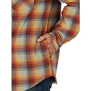 Wrangler Authentics Men's Long Sleeve Quilted Lined Flannel Shirt Jacket with Hood, Red/Yellow, Medium