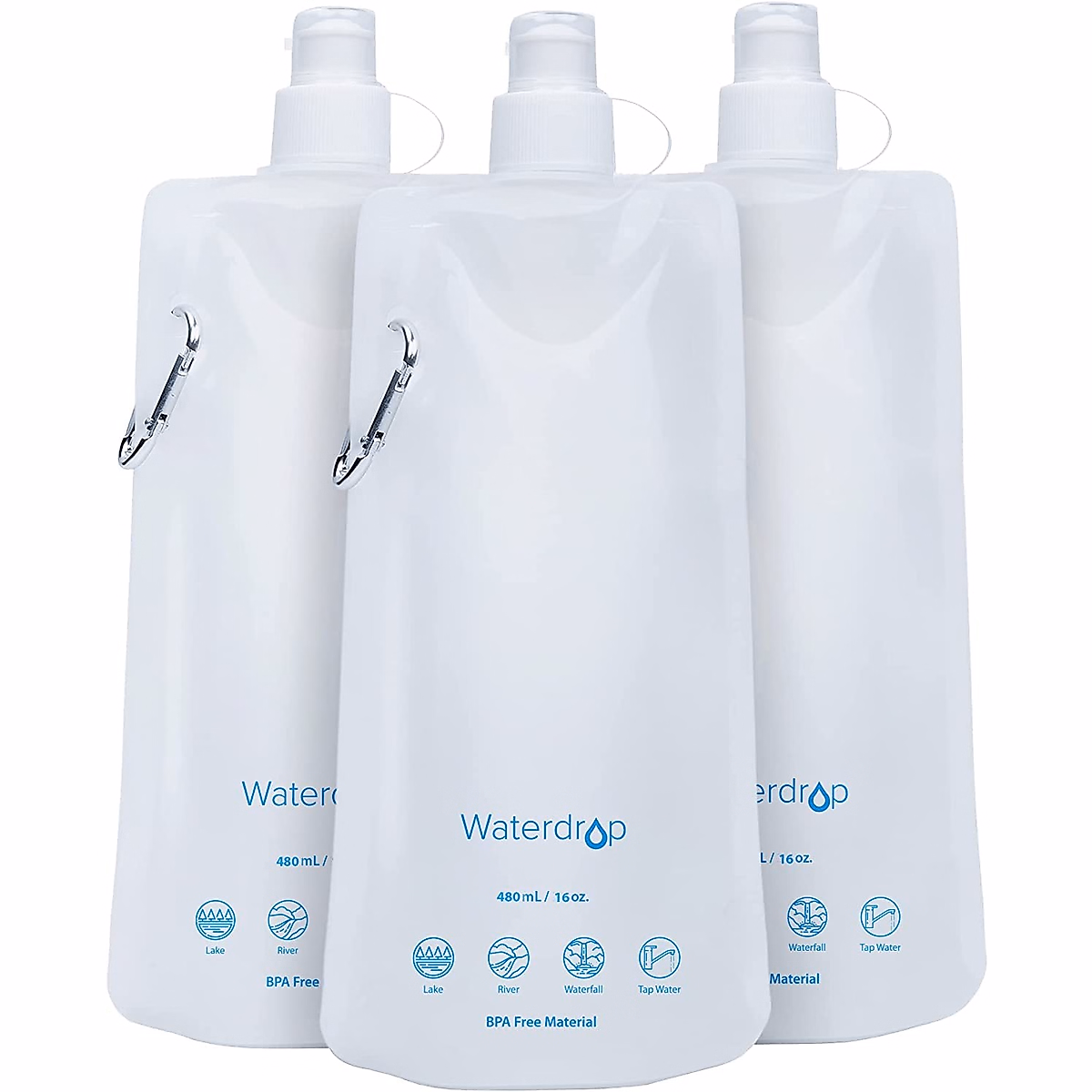 Waterdrop Water Pouch for Drinking, Hiking Water Bag, Pouch Water Bottle, Compatible with Filter Straw, Reuseable, Foldable, BPA-Free, 16 oz, Pack of 3