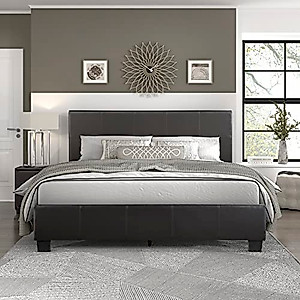 Lexicon California King Bed Frames With Headboard, Platform Bed Frame California King, Modern Bed Frame, Faux Leather Upholstered Bed Frame, No Box Spring Required, Easy Assembly, Cal King, Dark Brown