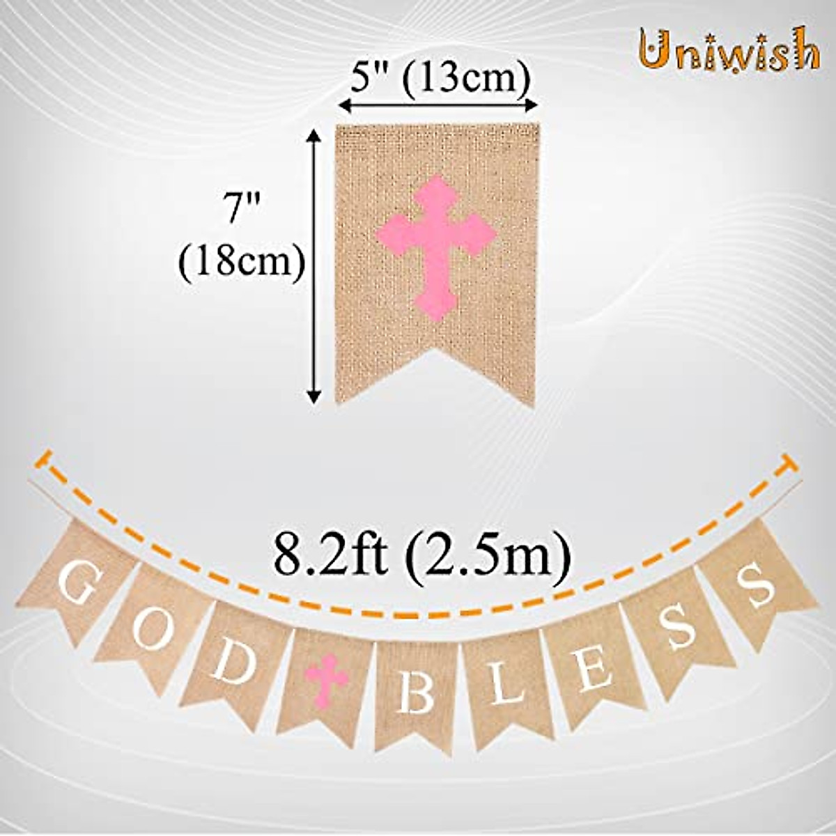 Uniwish God Bless Banner Baptism Decorations for Girls, Vintage Rustic Burlap Bunting Garland Christening Communion Party Supplies with Pink Cross
