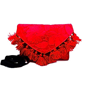 Floral Embroidered Pom Tassel Fringe Slim Envelope Clutch Purse Crossbody Strap Bag - Women Fashion Handmade Boho Accessories (Red)