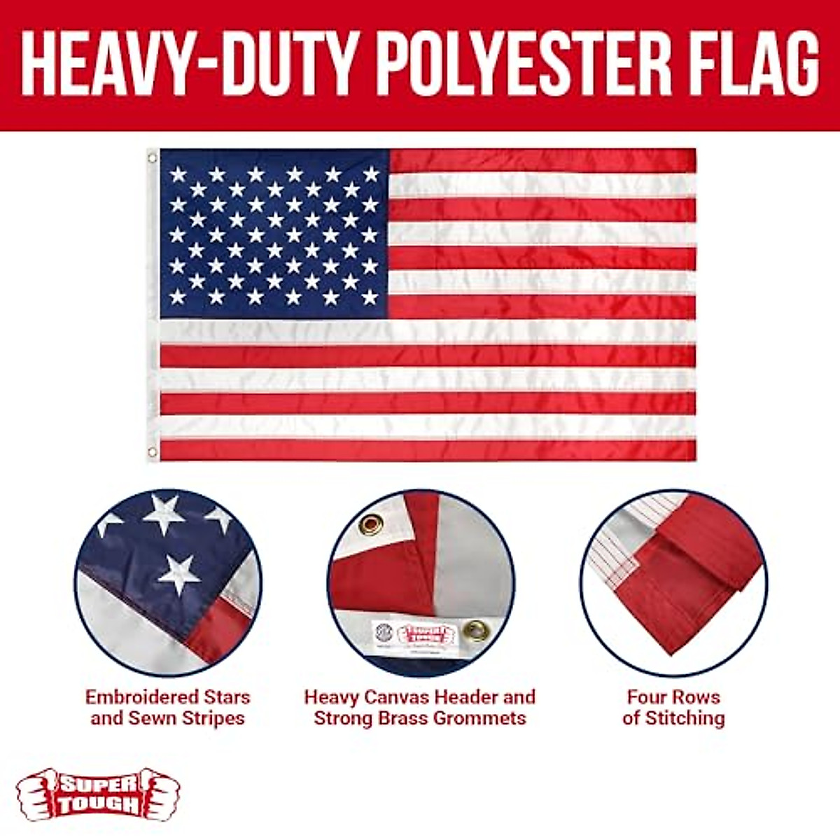 3ft x 5ft Super Tough Sewn Heavy Duty Polyester - Embroidered Stars - American Flag