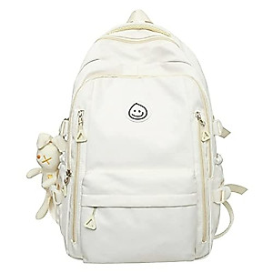 Preppy Backpack Smiling Face with Bunny Plush Cute Aesthetic Backpack Preppy Stuff Kawaii Accessories Korean College Style (White,One Size)