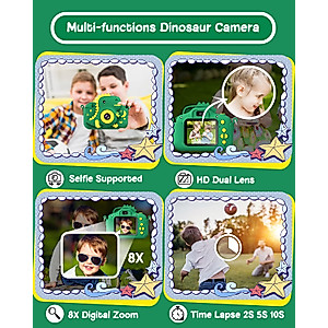 Kids Camera, Dinosaur Toddler Digital Camera for Ages 3-12 Boys Girls Childrens, Christmas Birthday Gifts, Selfie 1080P HD Video Camera for 3 4 5 6 7 8 9 Years Old Boys Girls Toys Gifts
