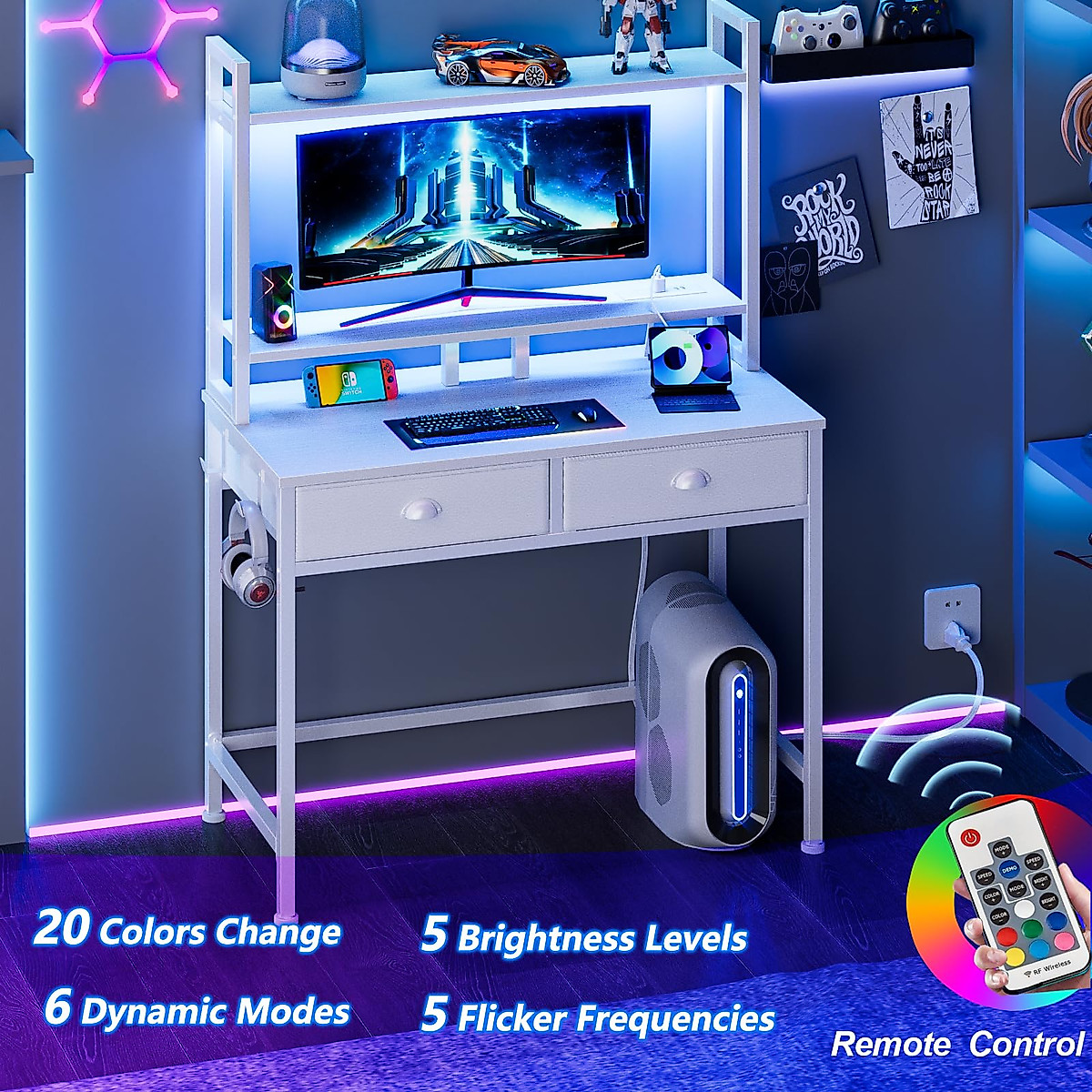 Furologee Small White Desk with Drawers, 36 Inch Home Office Computer Desk with Power Outlet and LED Light, Vanity Desk with Storage Shelves, Modern Work/Writing/Study Table for Bedroom, White