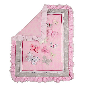 CribMATE 3 PCs Pink Embroidery Butterfly Nursery Crib Bedding Set Lace Trimmed Floral Butterfly Baby Girl Bedding Set Comforter Fitted Sheet Skirt Set