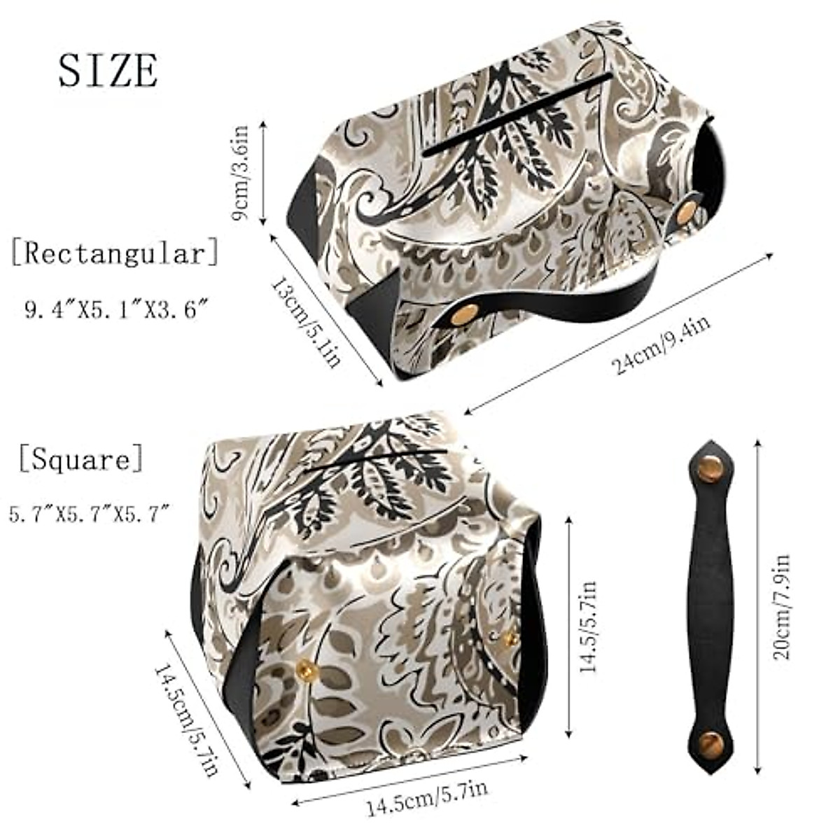 Fustylead Brown Paisley Tissue Box Cover, Rectangle PU Leather Tissue Case for Tabletop, Bathroom, Car, Office