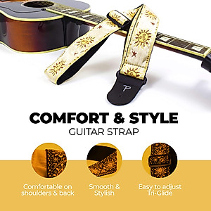 Perris Leather Guitar Strap - Sunshine Motif Jacquard Ribbon Guitar Strap, with Leather Ends - Electric/Acoustic/Bass Guitar Strap - Adjustable Strap From 39″ to 58″ - Gold