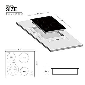 Empava 24-Inch Electric Radiant Cooktop 4 Burners Stove Top 6400W with 1-99 Minutes Timer and 9 Heating Levels Smooth Glass Surface in Black, 24 Inch