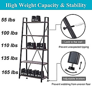 BON AUGURE Industrial Ladder Shelf, Rustic 5 Tier Leaning Bookshelf, Wood Metal Ladder Bookcase (Dark Grey Oak)