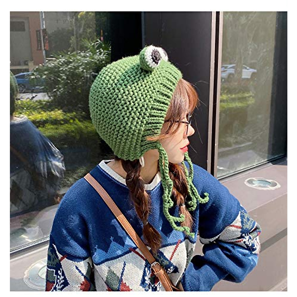 Women Girls Crochet Knitted Winter Headband Hat Beanie Cute Cartoon Frog Big Eyes Earflap Cap Photo Props