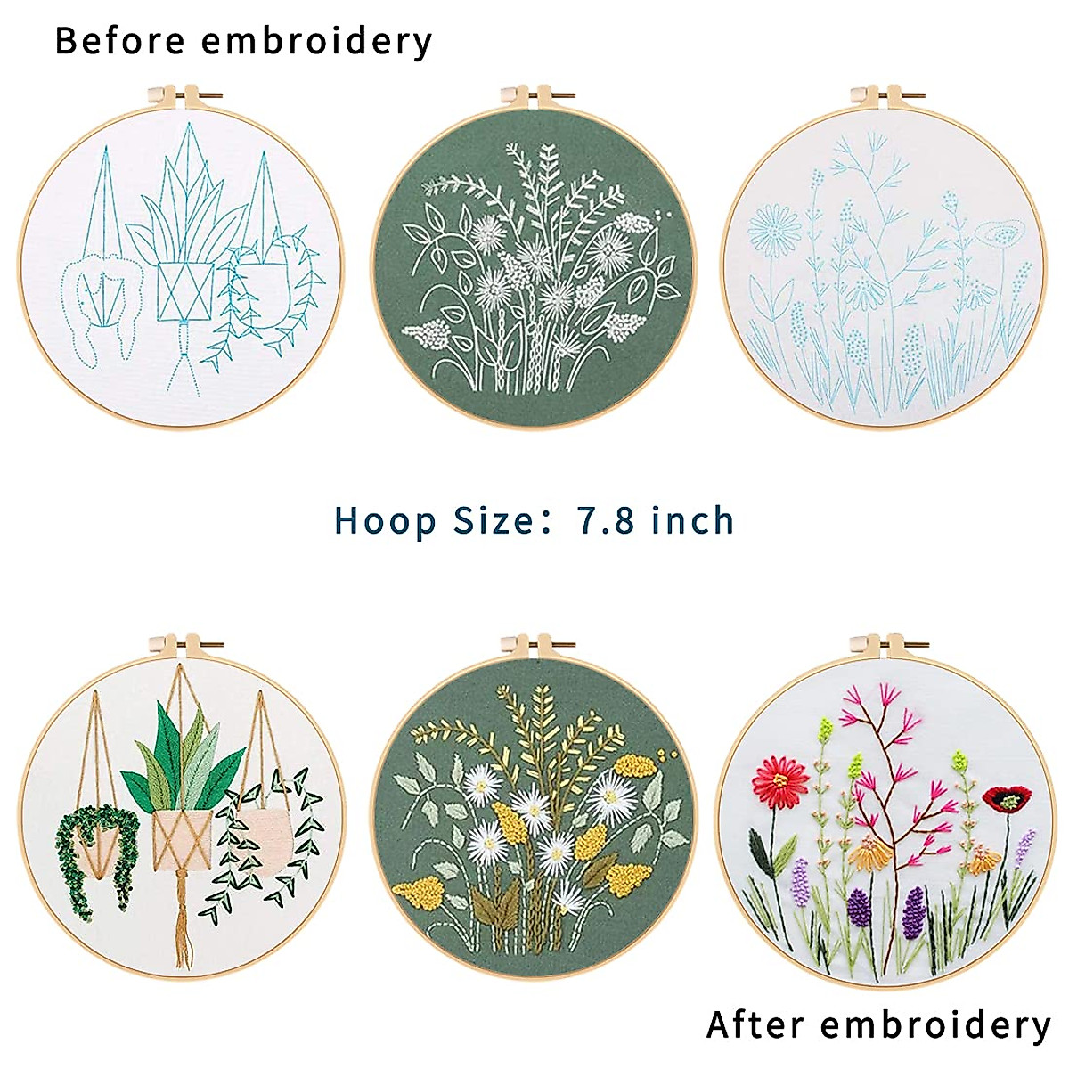 Nuberlic 3 Pack Embroidery Kits for Beginners Starters Cross Stitch Kits with Pattern for Adults Kids Craft Stamped Embroidery Cloth 3 Hoops Threads Needles