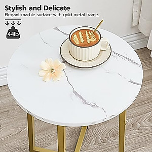 HOOBRO Round Side Table, Round Accent End Table with Sturdy X-Shaped Metal Frame, 15.7" Round Nightstand, for Living Room, Bedroom, Balcony, Office, Gold and Marble DM95BZ01