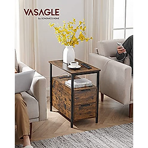 VASAGLE Side Table with Charging Station, Narrow End Table with 2 Drawers, Slim Nightstand and Bedside Table with Storage, for Small Spaces, Rustic Brown and Black ULET321B01