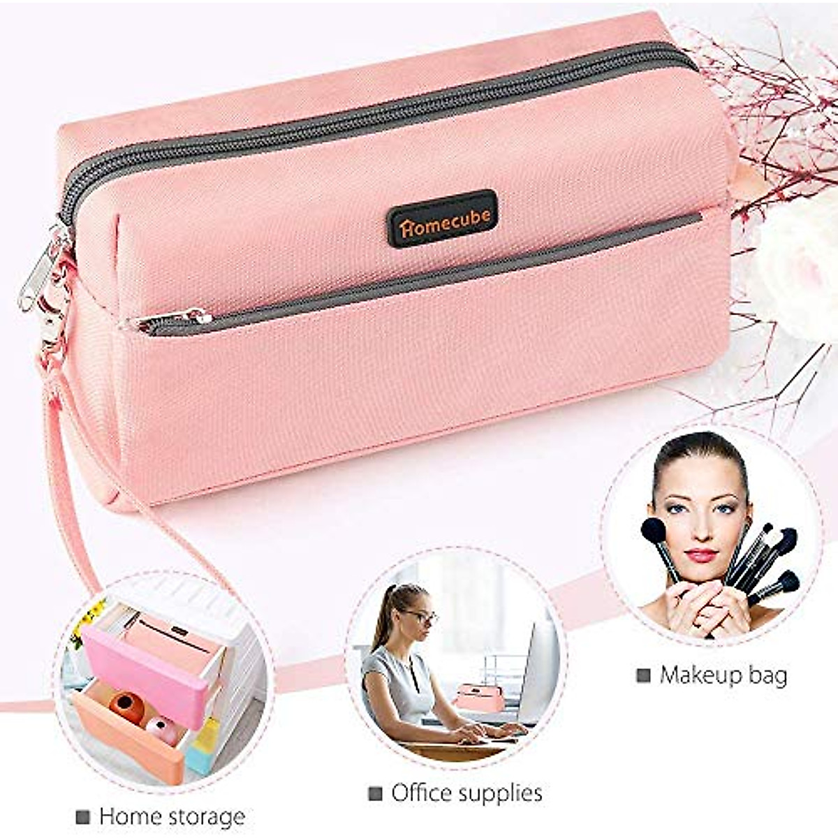 Homecube Pencil Case Cosmetic Bag Student Stationery Pouch Bag Office Storage Organizer for Girl Boy Women Men - Pink