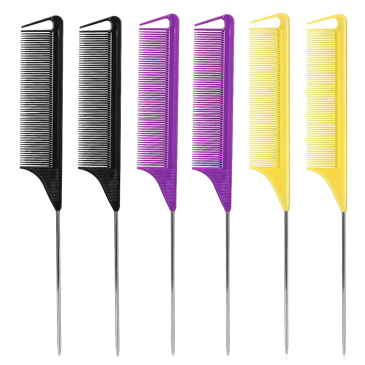 6Pcs Steel Pin Fine Tooth Rat Tail Women's Hair Braiding Combs, Parting Tools for Salon Stylists (Purple, Black, Yellow)