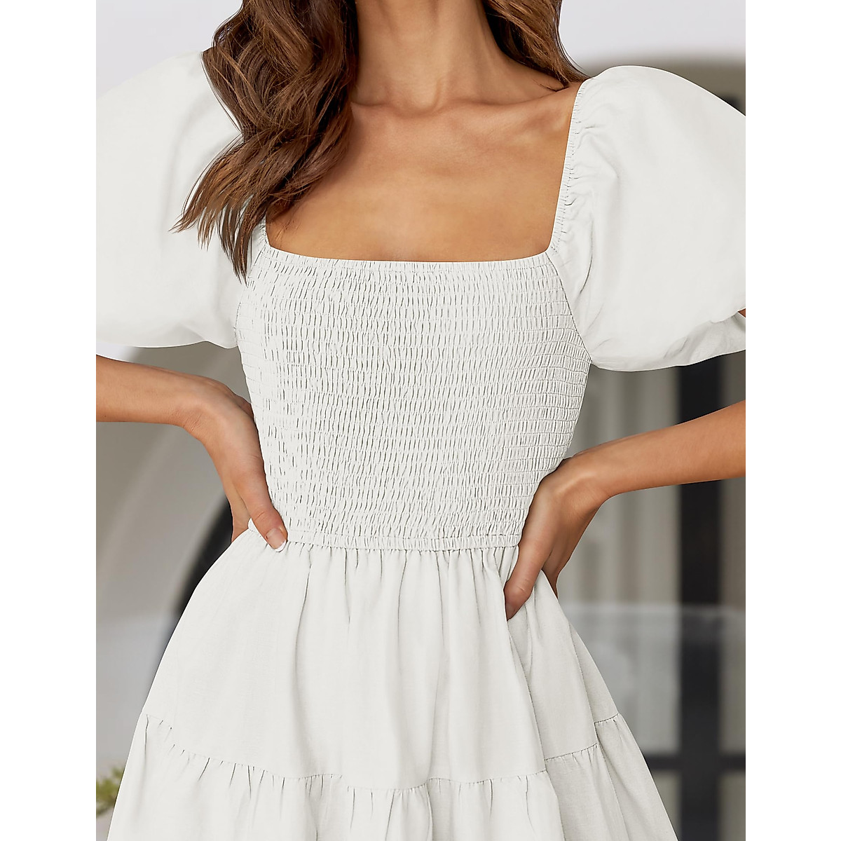 ZESICA Women's 2025 Summer Square Neck Short Puff Sleeve Solid Color High Waist Casual Smocked Flowy A Line Tiered Midi Dress,White,Small