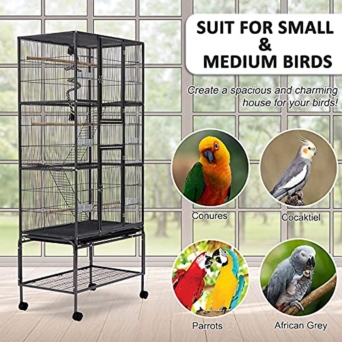 Kinpaw Large Flight Bird Cage - 70” Wrought Iron Bird House with Climbing Rope Bungee Birds Toy Rolling Stand Castors Feeding Bowl for Parrot Cockatiel Finch Pet Supplies Black…