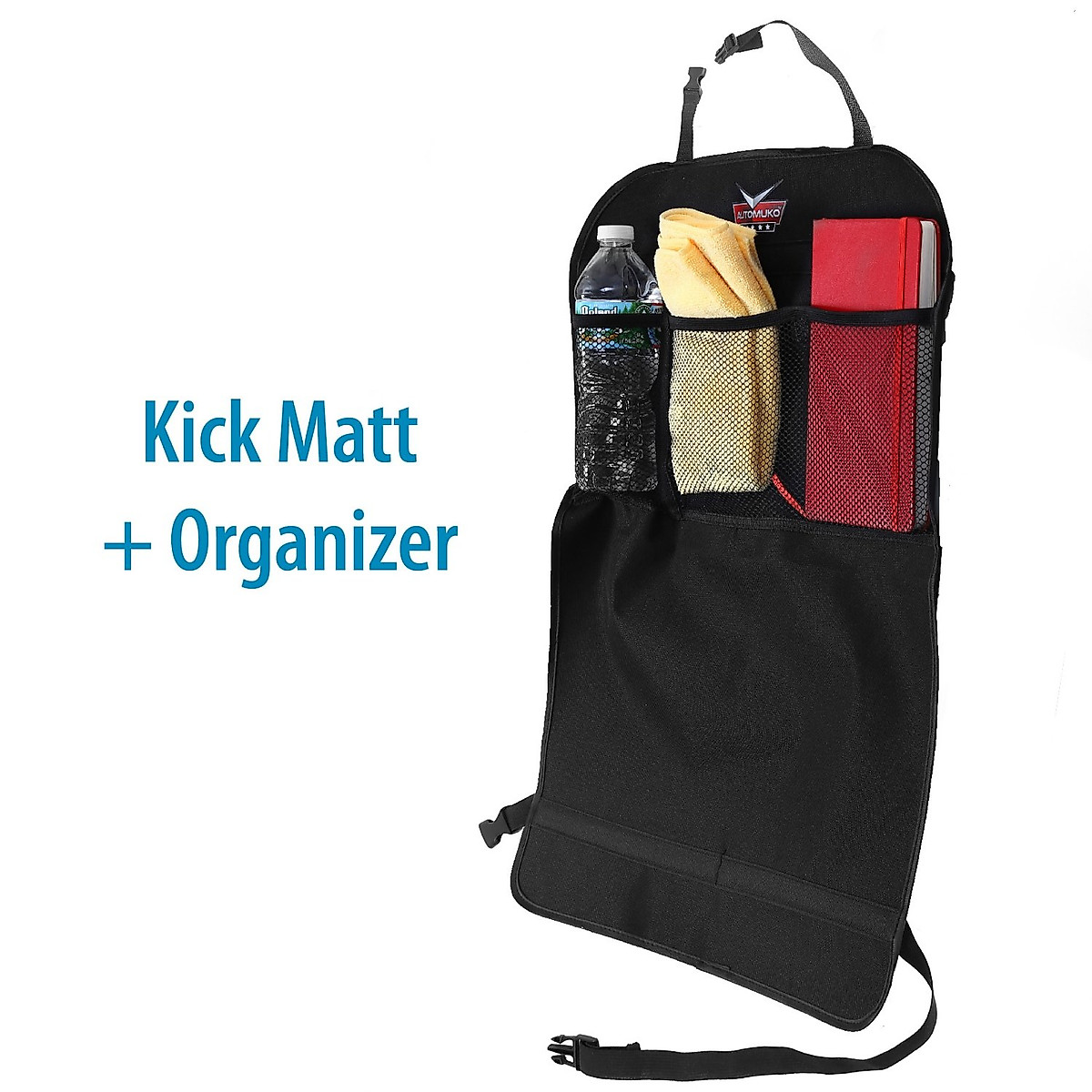 AutoMuko Kick Mats With Organizer - Premium Thick Waterproof Quality Seat Back Protectors - Extra Long Size with Adjustable Straps - Car Seat Back Protectors (2 Pack) 1 Year Limited Warranty