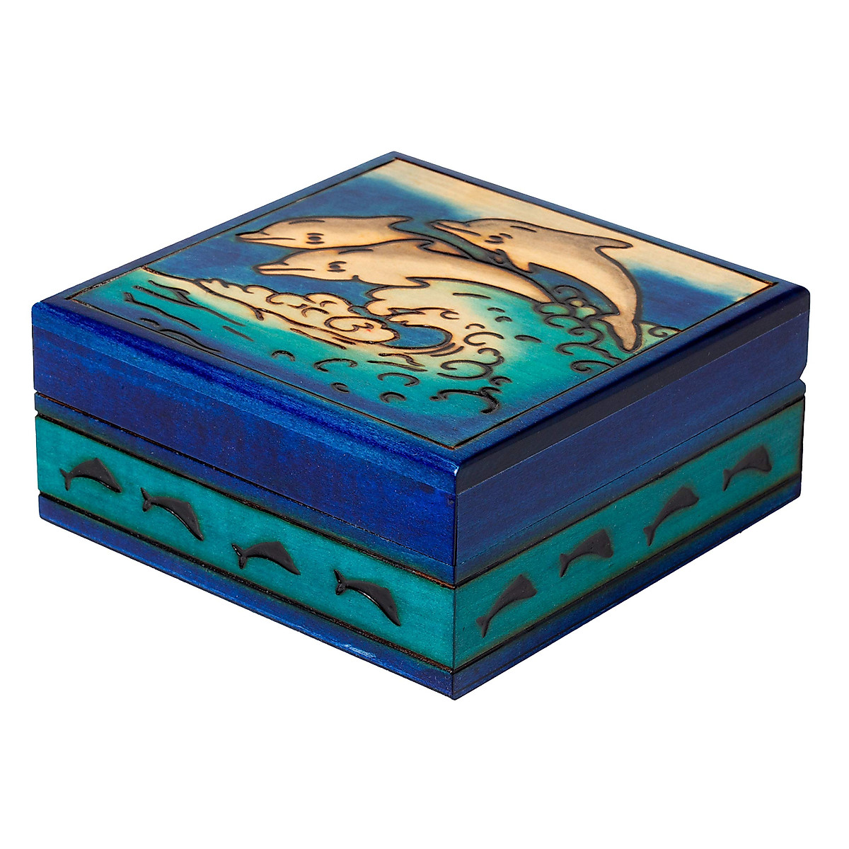 Artisan Owl Polish Handmade Joyful Dolphins 6" Wooden Box with Vivid Colors