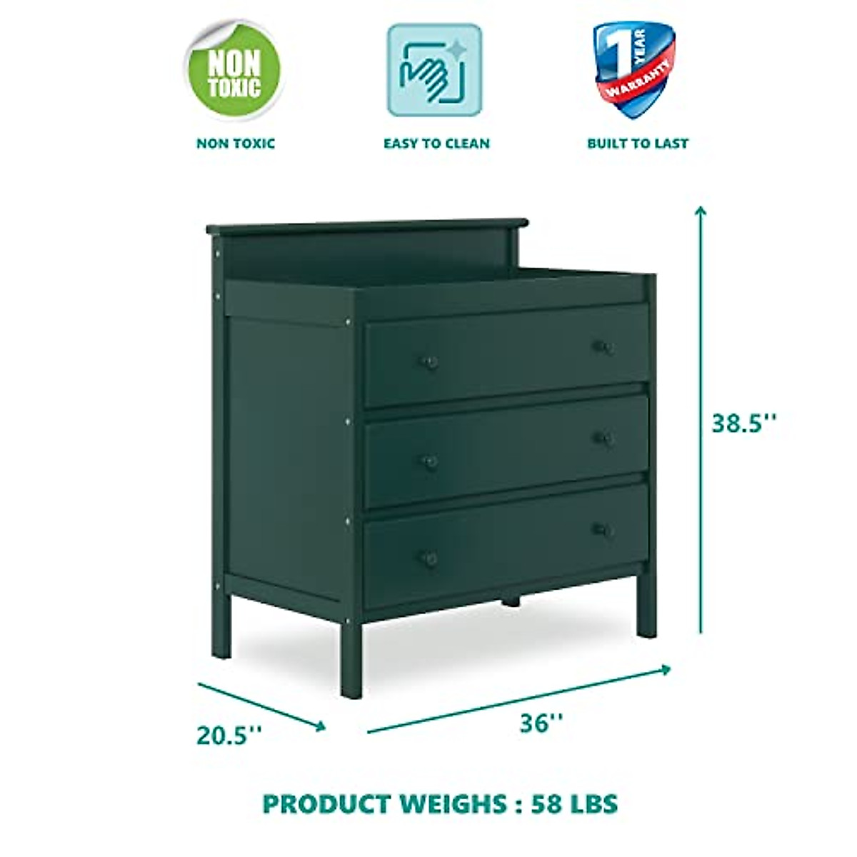 Dream On Me Mason Modern Changing Table with Free Changing Pad in Olive, Three Spacious Drawers, Made of New Zealand Pinewood, Includes 1" Mattress Pad and Anti-Tipping Kit