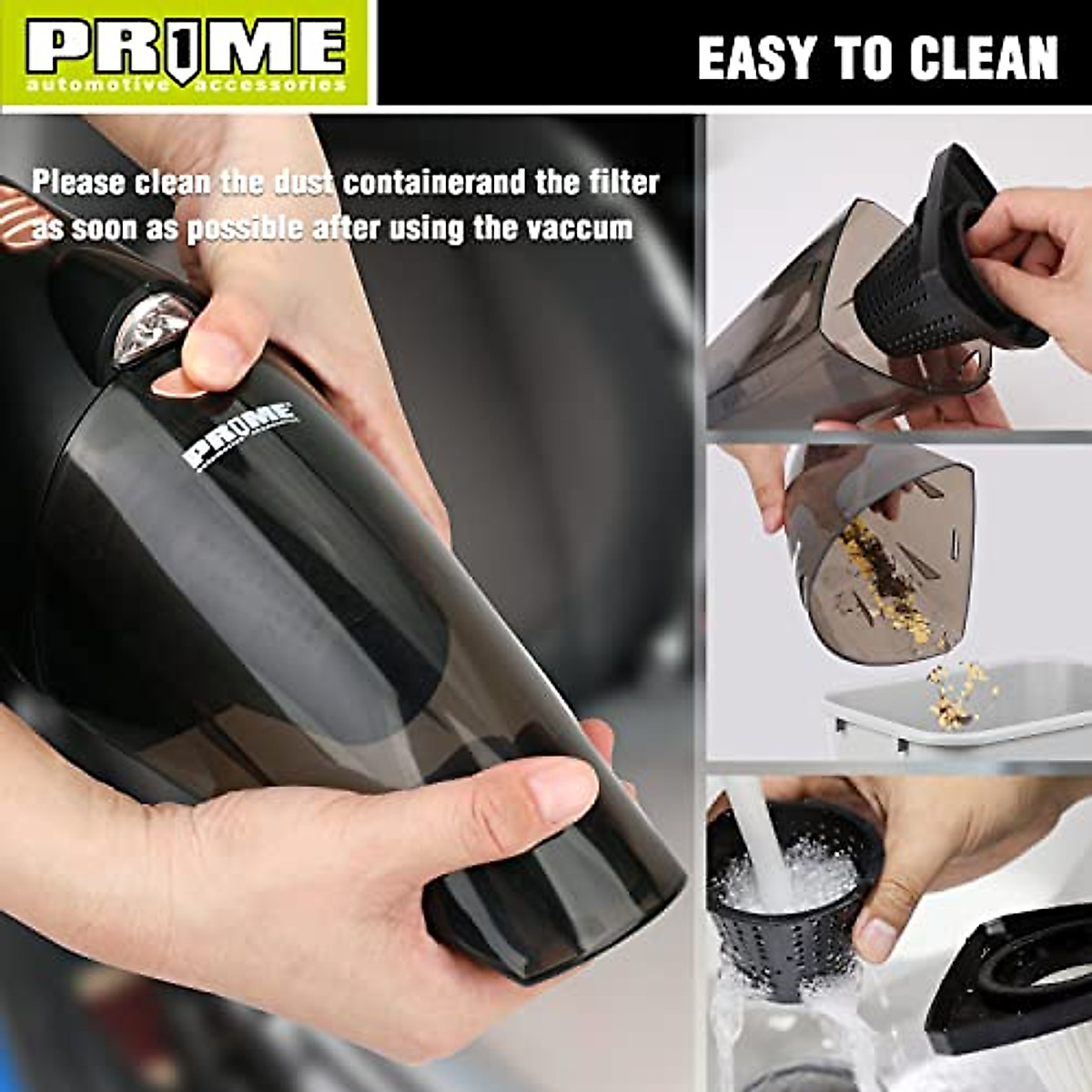 PR1ME Handheld Car Vacuum Cleaner, DC 12V Portable Car Vacuum Cleaner, Strong Suction High Power Hand Vacuum, LED Light, w/ 3 Attachments, 16 Ft Cord, Lightweight Dry Wet Amphibious Vehicle Cleaner