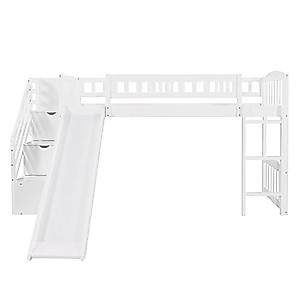 ODC Twin Size Loft Bed with 2 Drawers and Slide for Kids, Solid Wood Loft Bed Frame with Storage, Low Loft Bed with Slide, Ladder and Security Guardrail for Kids Girls Boys Teens