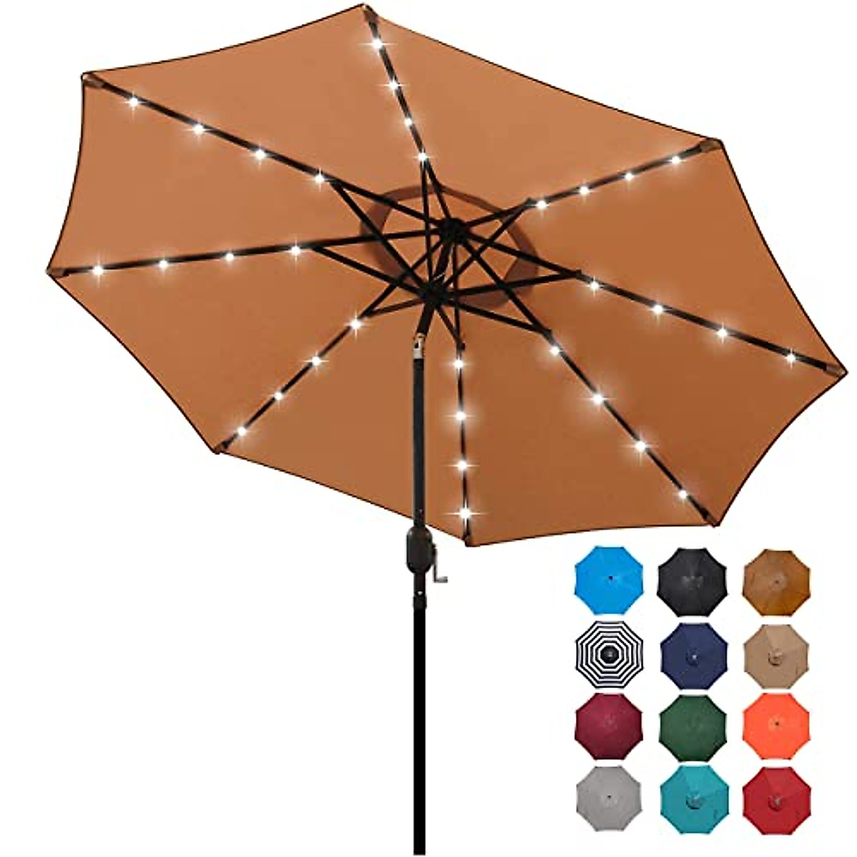Blissun 9 ft Solar Umbrella, 32 LED Lighted Patio Umbrella, Table Market Umbrella, Outdoor Umbrella for Garden, Deck, Backyard, Pool and Beach (Tan)
