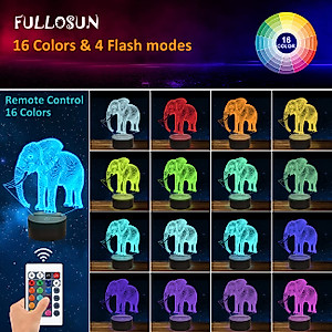 FULLOSUN Elephant Gifts, 3D Night Light for Kids 16 Colors Changing 3D Illusion lamp with Remote Control & Smart Touch, Child Xmas Birthday Gifts for Boys Age 2 3 4 5 6+ Year Old