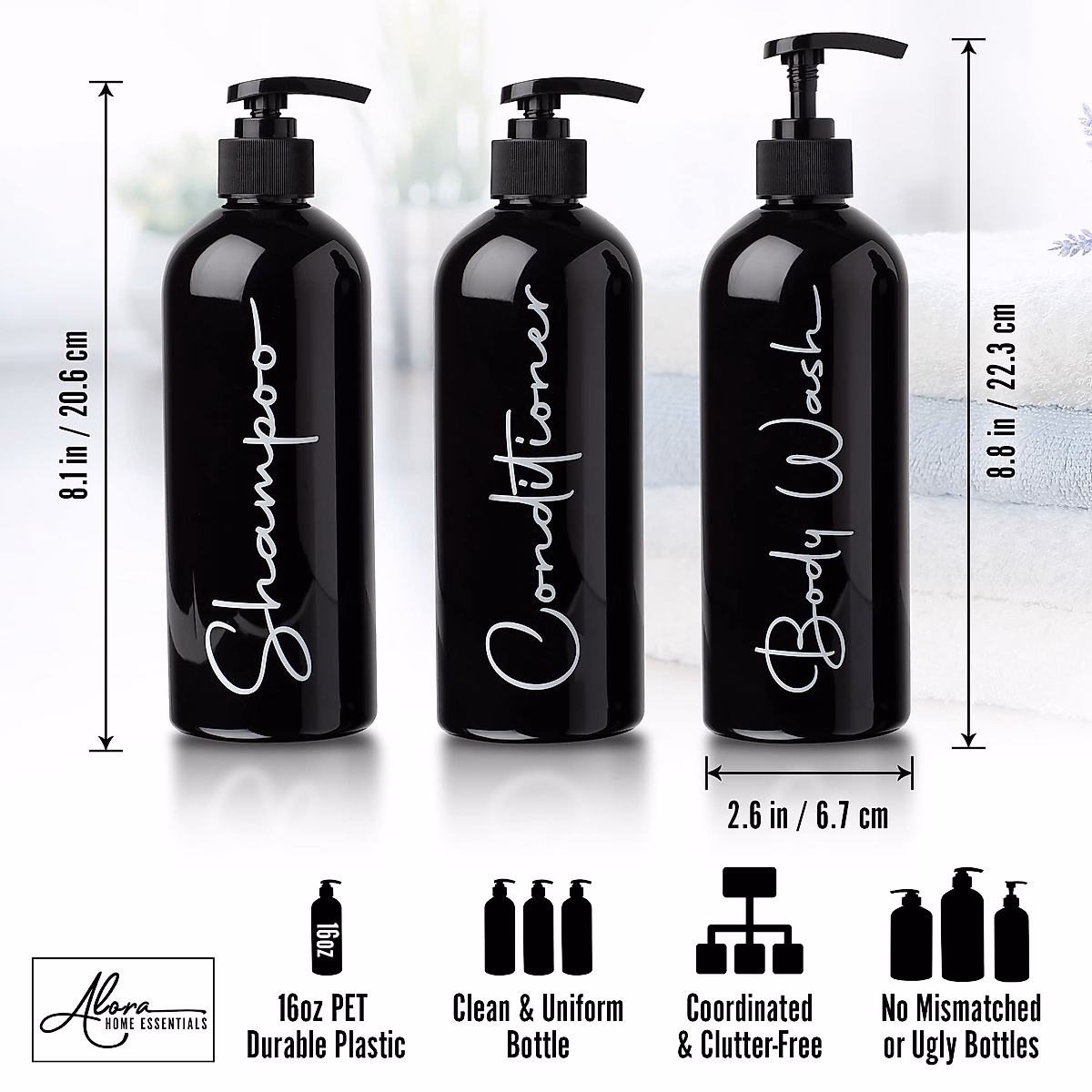 Alora Reusable Shampoo and Conditioner Bottles - Set of 3 - Matte Black - Permanent Stylish Labels - 16oz Pump Bottle Dispenser for Shampoo, Conditioner, Body Wash - Plastic Refillable Containers…