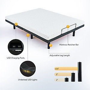 VONLUCE Motorized Bed Frame with Remote Control, Zero Clearance Adjustable Bed Base, Head Foot Incline and Massage Bed Frame with Custom Presets Underbed Lighting and USB Port, 800lb Cap, Queen Size