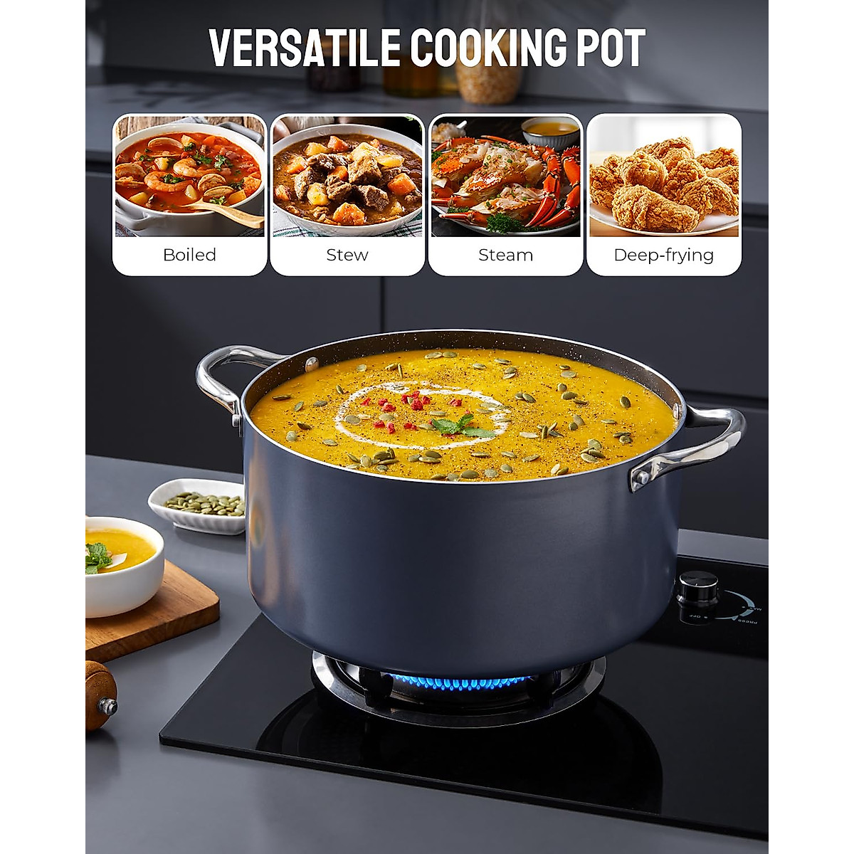 BEZIA 10 Quart Cooking Pot, Large Non Stick Induction Stock Pot with Lid, All Stove Compatible, 10 QT Aluminum Soup/Stew Pot For Large-batch Cooking, Grey