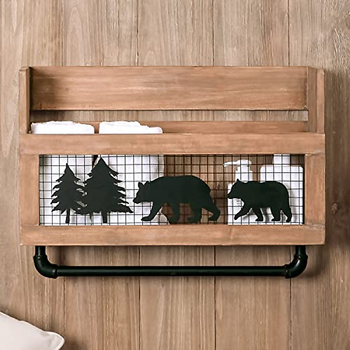 Synovana Cabin Style Hanging Towel Rack with Bar Farmhouse Wooden Floating Shelf Bear Wall Decor Rustic Wall Mounted Storage Towel Rack for Bathroom Kitchen Living Room Home Decor