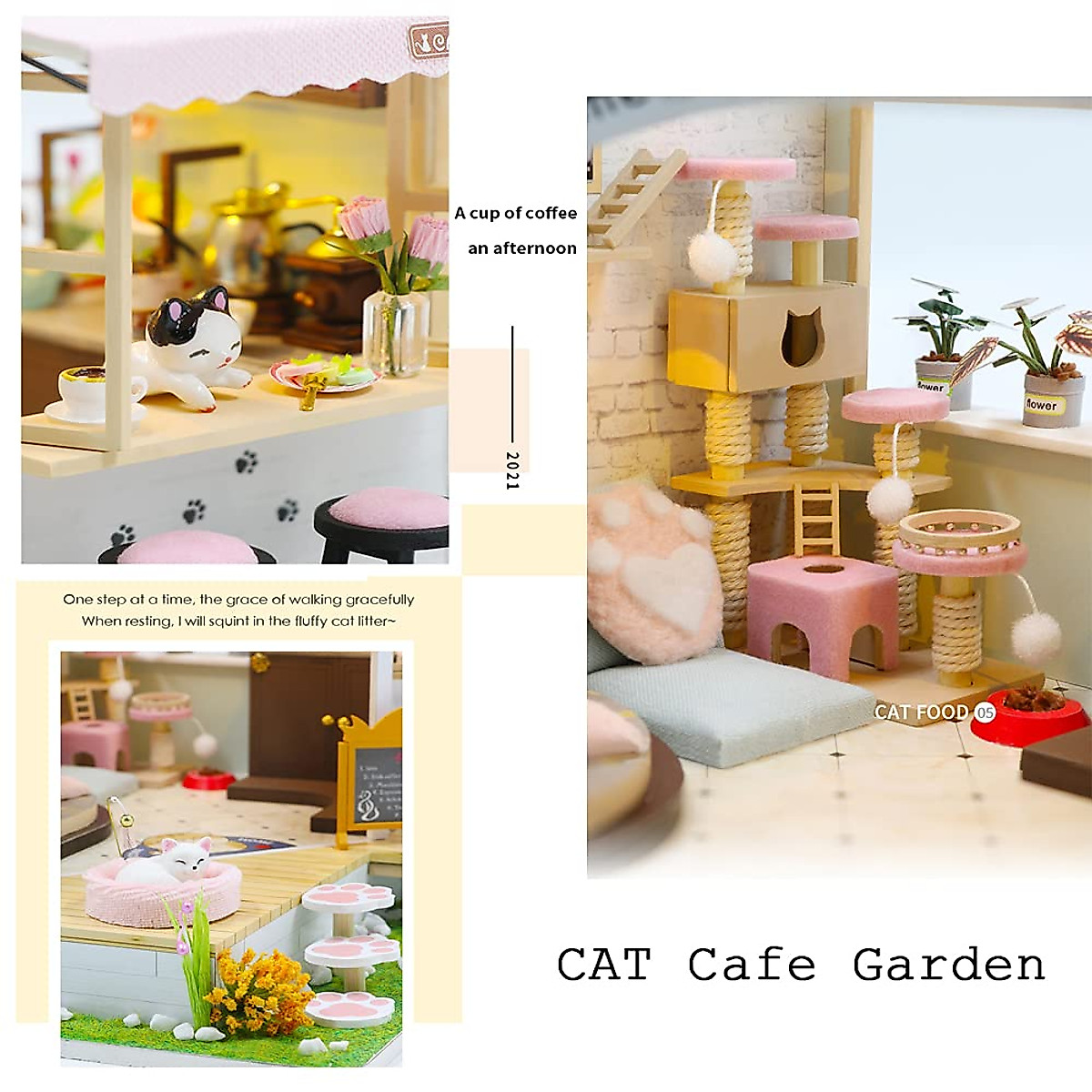 Kisoy Dollhouse Miniature with Furniture Kit, Handmade DIY House Model for Teens Adult Gift (Cat Cafe Garden)