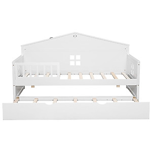 MERITLINE Twin Size Daybed with Trundle and Sensor Light, Wood Daybed Sofa Bed with Charming House-Shaped Backboard,Kids Bed Frames with Windows and Safety Rails,White