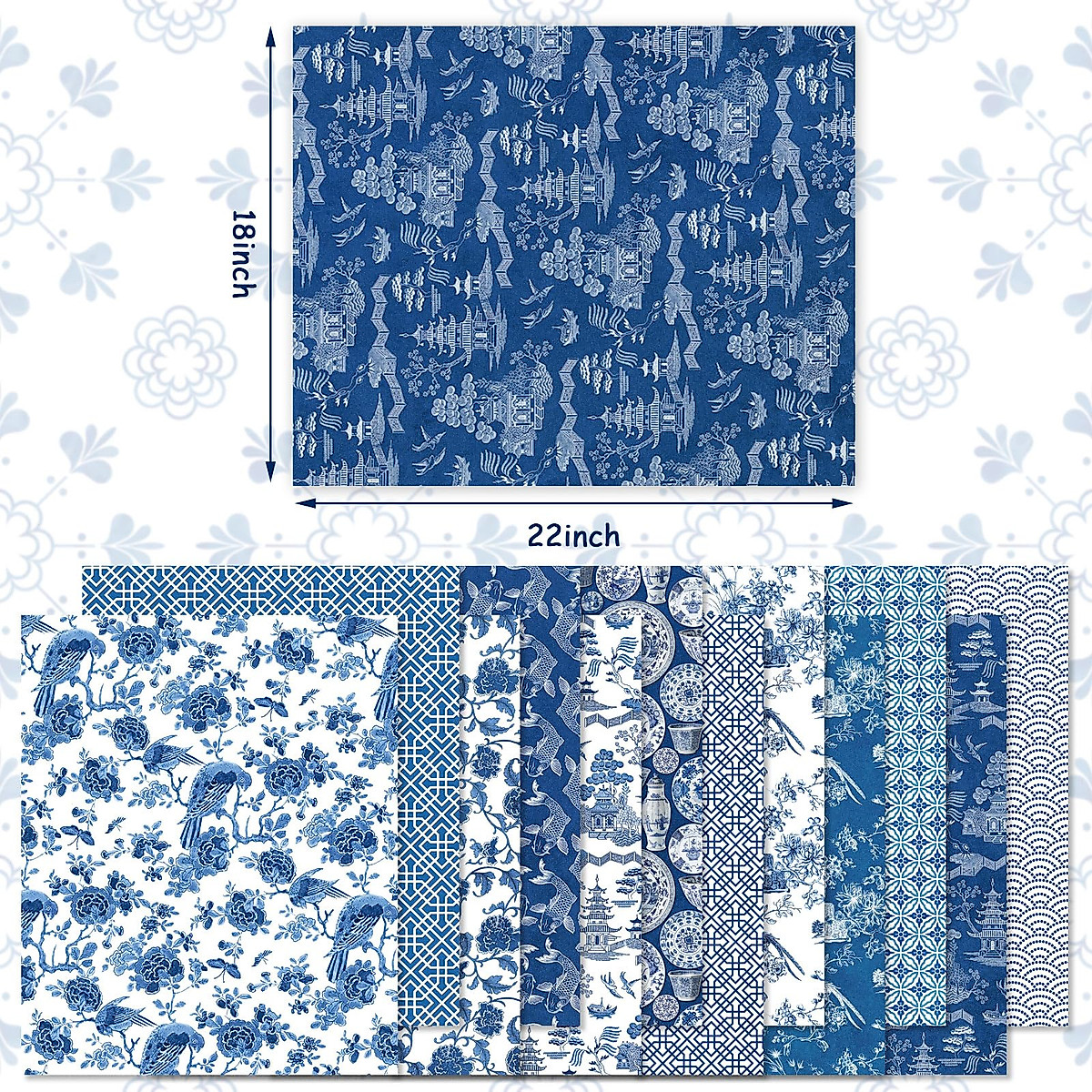 Whaline 12Pcs Blue Chinoiserie Cotton Fabric Bundles 18 x 22 Inch White Blue China Fat Quarters Oriental Quilting Patchwork Squares Sewing Fabrics for DIY Handmade Craft Party Decor