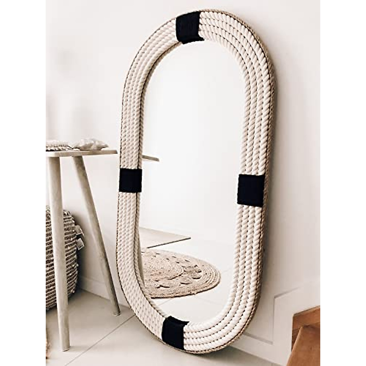 Oval Large | 30in x 18in | Oval Navy Nautical Hampton Coastal Rope Mirror Twisted Rope Home Decor Wall Hanging Mirror (White and BLACK30*18IN)