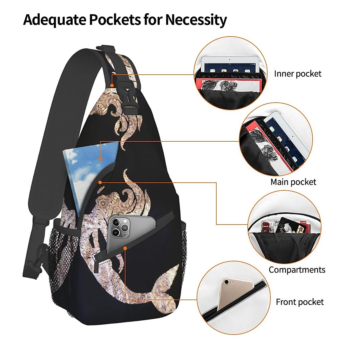 PSVOD Black Mermaid Crossbody Bag, Men'S And Women'S Sling Chest Cross Body Bag, Used For Leisure And Travel