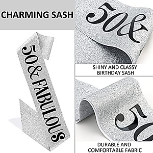 Tihebax 50th Birthday Sash and Crown/Tiara Set 50th Birthday Gifts for Women 50th Birthday Decorations Women Bonus 50th Cake Topper Pearl Pin (silver)