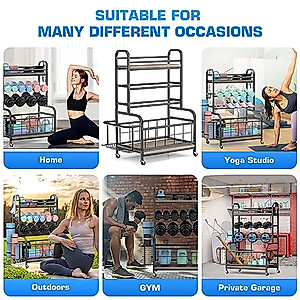 Yoga Mat Storage Rack, Home Gym Storage Yoga Mat Organizer Holder, Sehloran Dumbbell Rack With Hooks and Wheels, Weight Rack for Dumbbells and Kettlebells, Workout Equipment Weight Stand for Home Exercise and Fitness Gear (Metal)