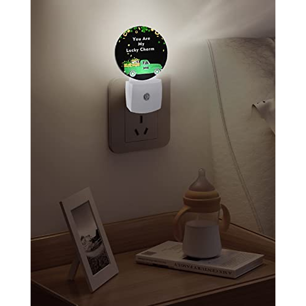 St.Patrick Day Truck Gold Coins Clover Night Lights Plug into Wall, Green Black Auto Round LED Lights with Dusk to Dawn Sensor for Bedroom, Bathroom, Hallway, Kitchen, Kids, Home Decor