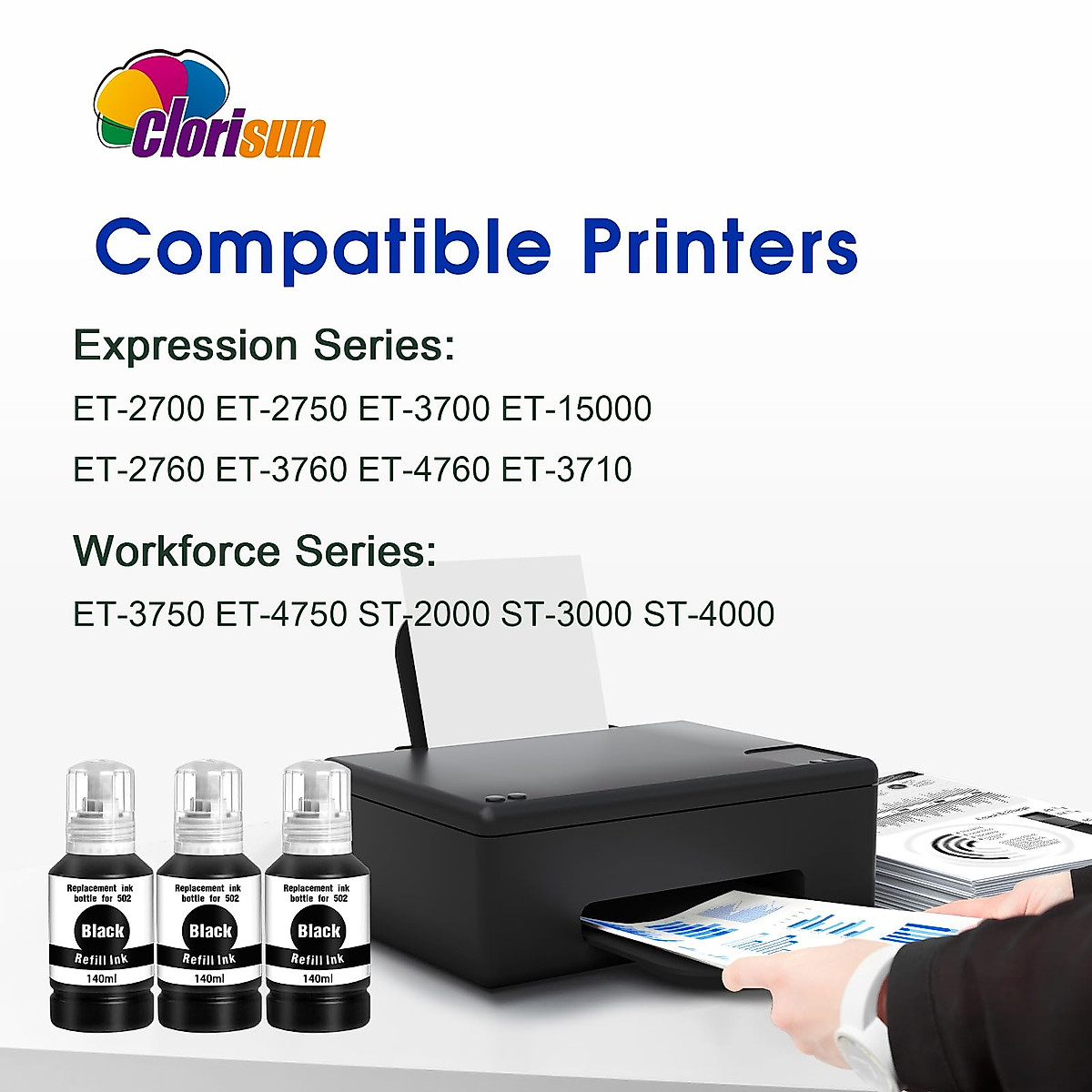 Clorisun 502 Pigment Refill Ink Bottles Replacement for Epson 502 T502 Use with Expression ET-2760 ET-2750 ET-3760 ET-4760 ET-3750 ET-4750 ET-3710 ET-15000 ET-3700 2700 Ecotank Printer (3 Black)