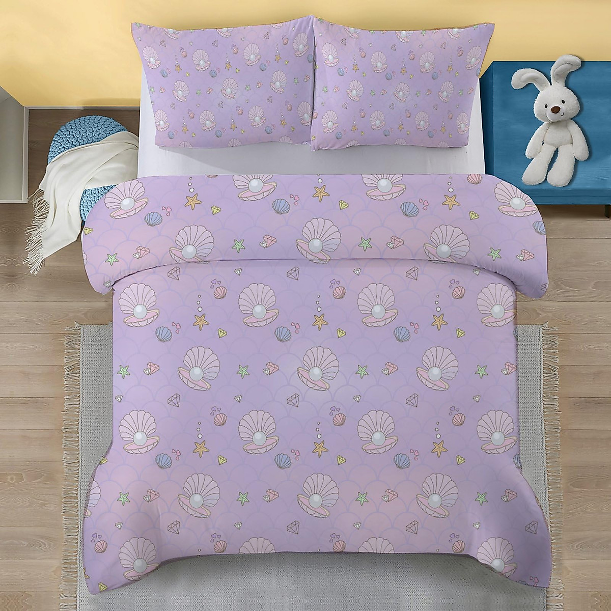 YULEEE Ocean Duvet Cover Set Twin Size - Purple Fish Scales Bedding Set for Kid, Bedroom Decor, Diamonds Pearl Shells Quilt Cover with Zipper Closure, 3 Pcs Reversible Soft Comforter Cover Set