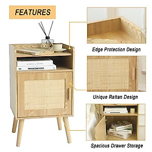 AWASEN Mid Century Nightstand with Charging Station, Rattan Night Stand with Storage, Bedside Table End Table with 2 Tiers Shelf Space for for Bedroom,Living Room, Natural Walnut