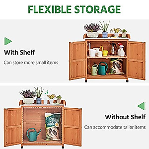 Yaheetech Garden Potting Bench Table - Outdoor Garden Patio Wooden Storage Cabinet & Solid Wood Planting Work Bench with Large Space Storage & Metal-Plated Tabletop, Brown